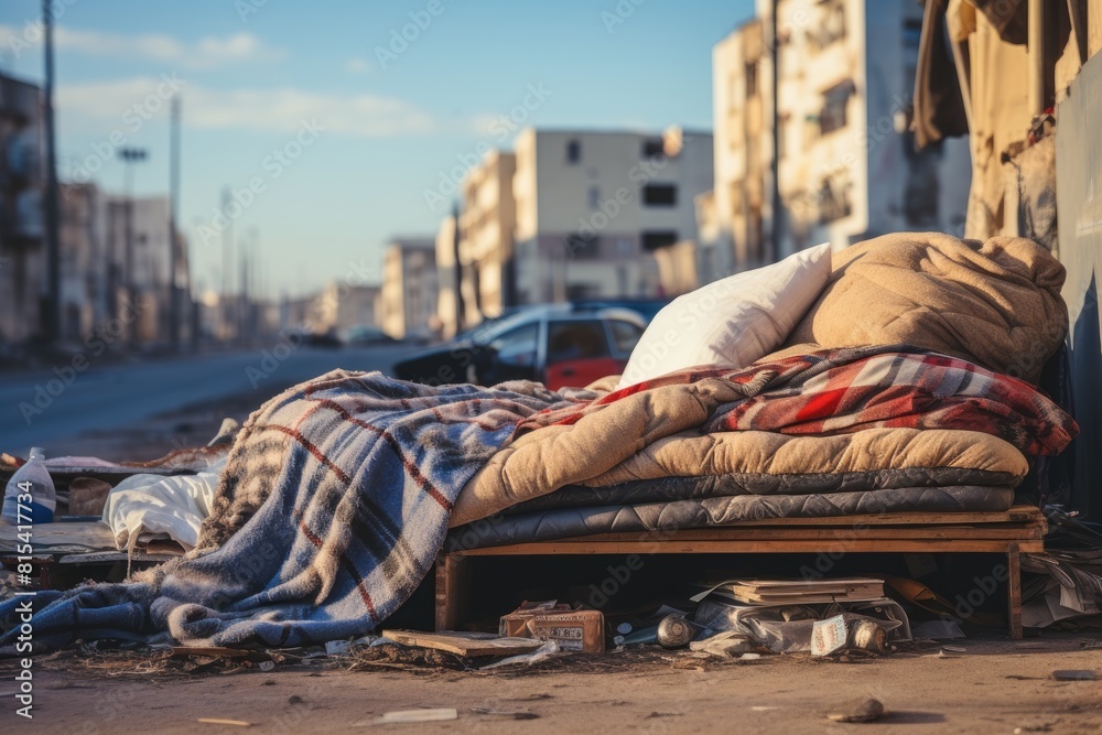 Homeless person living place with ragged discarded old broken bed with ...