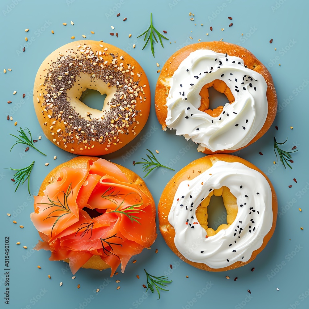 Bagels and cream cheese flat design top view New York deli theme 3D ...