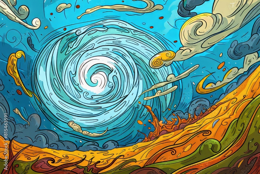 Cartoon cute doodles of a cyclone forming over land, with its spiraling ...