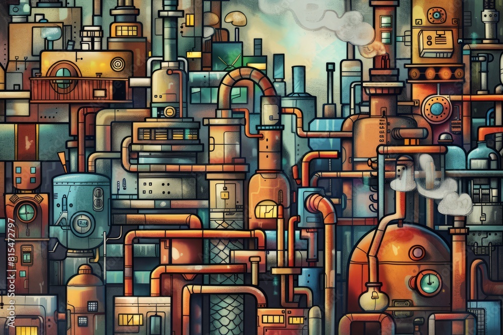 Cartoon cute doodles of industrial-inspired paintings depicting ...
