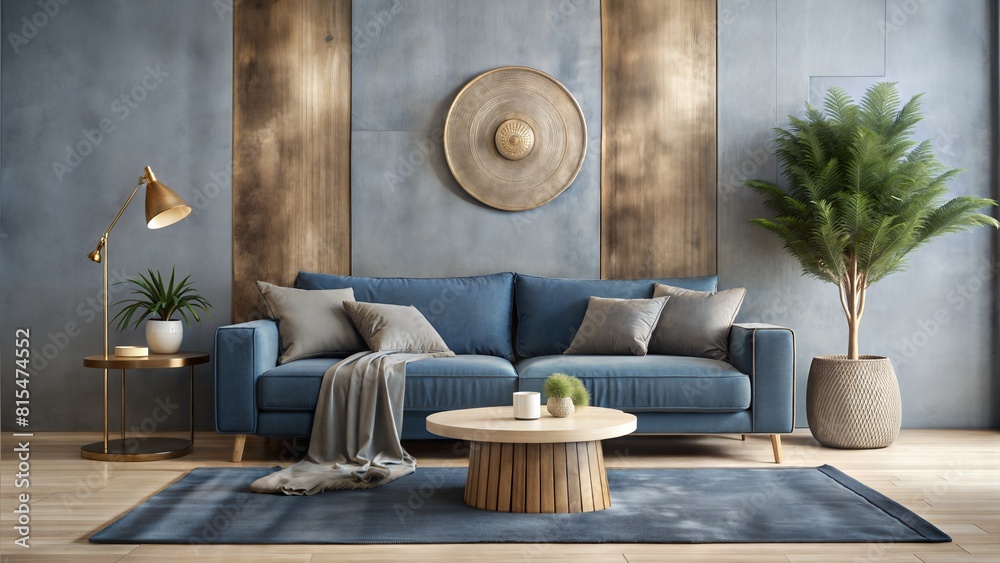 Stock-Foto „minimalist Blue velvet sofa with grey pillows and blanket ...