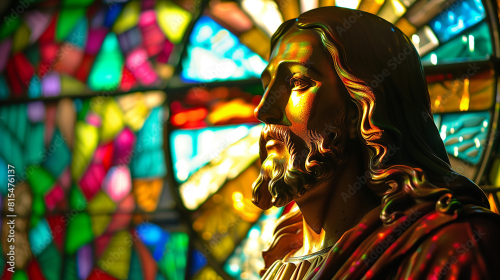 stained glass window in church with Jesus Christ statue Stock Photo ...