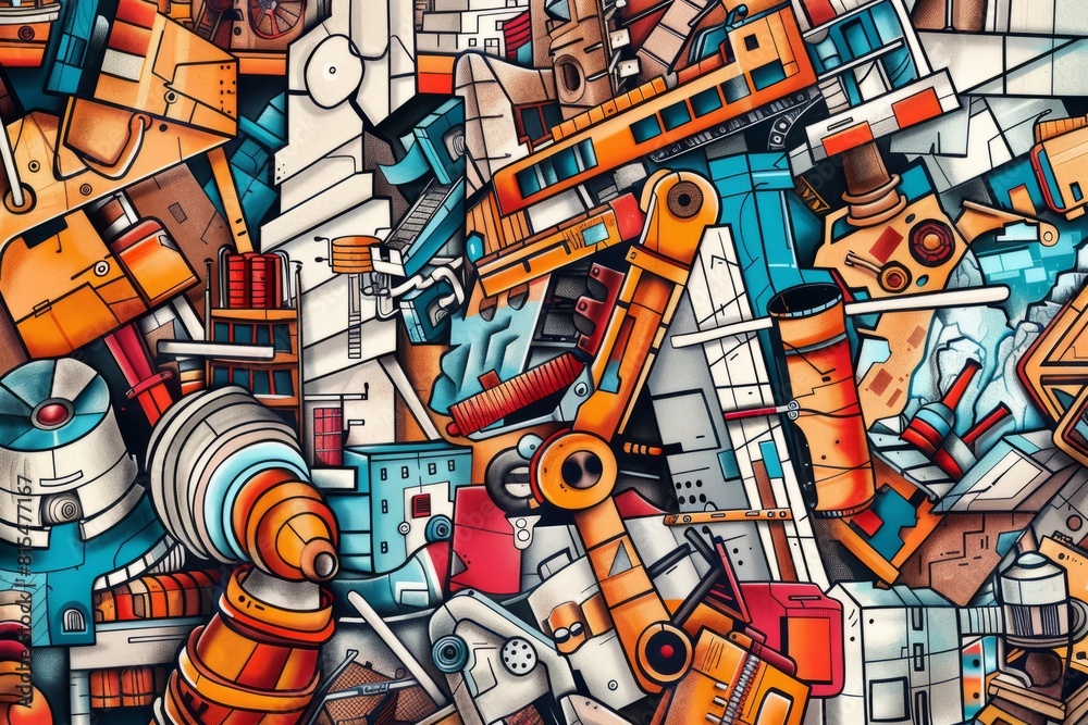 Cartoon cute doodles of industrial-themed collages combining images of ...