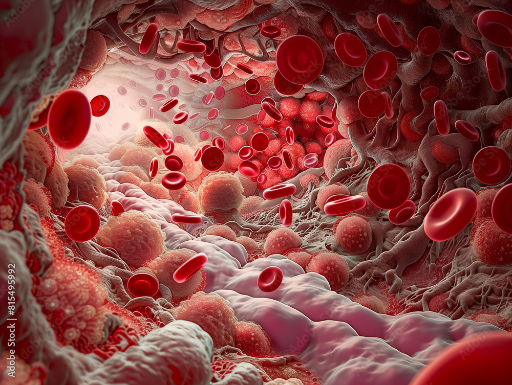 intricate view inside a human blood vessel, where a multitude of red ...