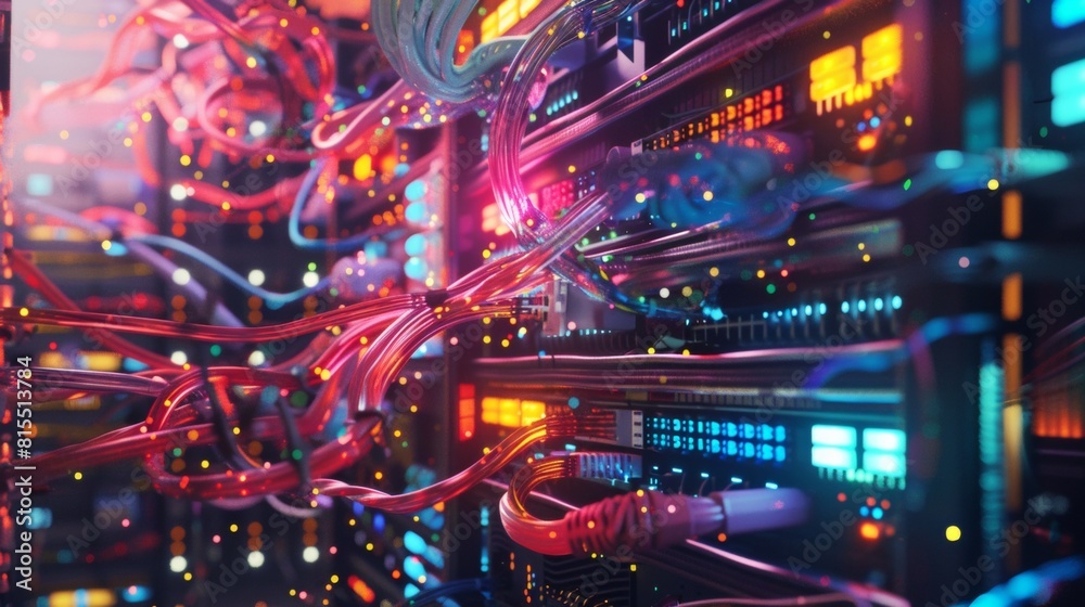 A pixelated tangle of brightly colored network cables behind a server ...