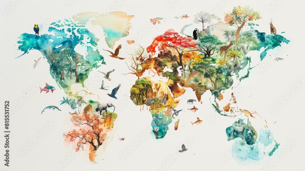Hand-painted geographical world map with vibrant watercolor detailing ...