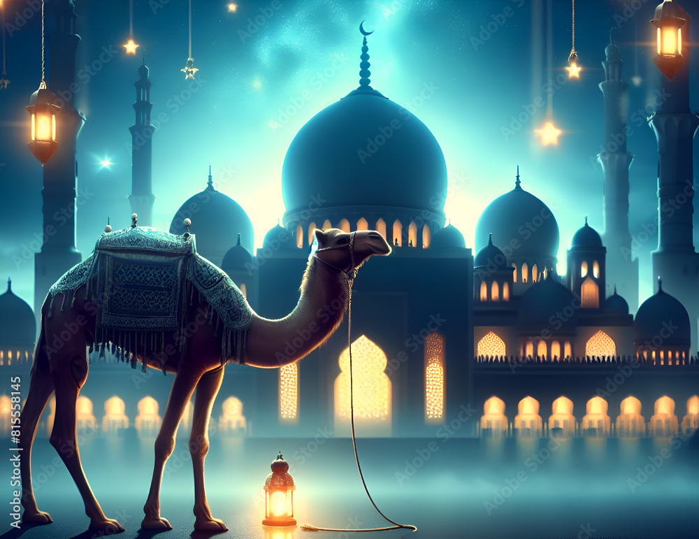 Camel stans front of mosque Qurban Eid al adha mubarak festival islamic ...