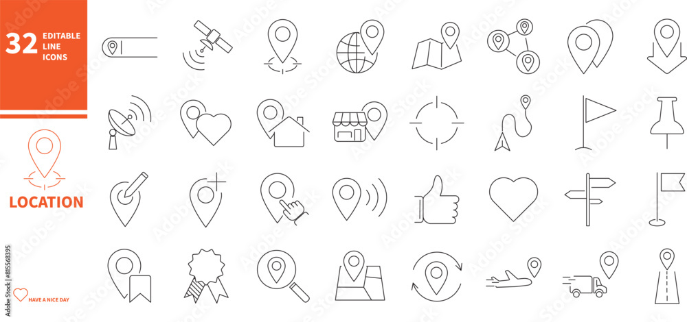 Location icon. Set of thin outline icons for location, map and ...