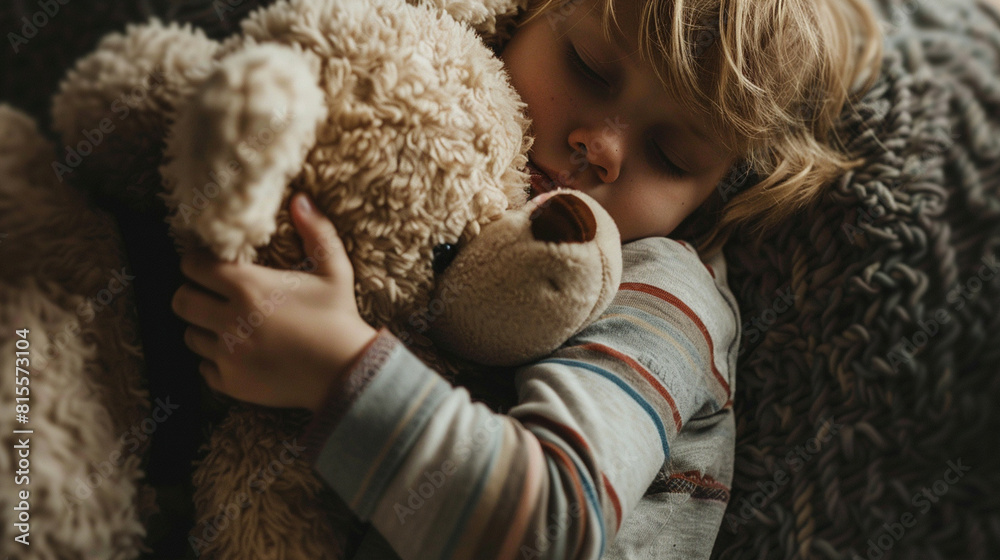 A child cuddled up with a favorite stuffed animal, their arms wrapped ...