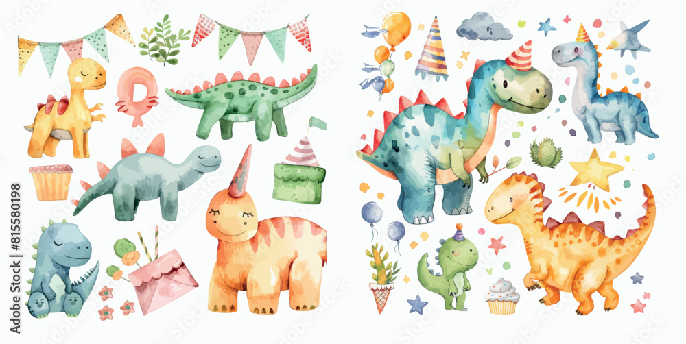 Illustration set of cute colorful dinosaurs and birthday party elements ...