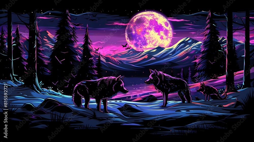 Majestic Wolf Pack Hunting Under Vivid Moonlit Wilderness in ...