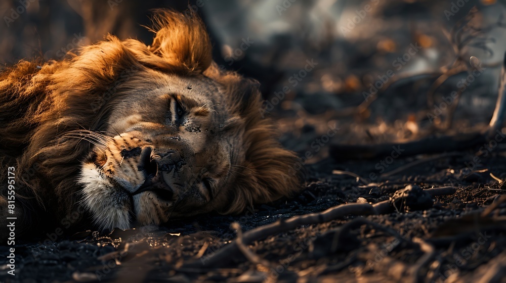 Africa lion male Botswana wildlife Lion fire burned destroyed savannah ...