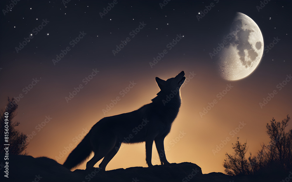 Coyote howling at a full moon, silhouette against a night sky. Wild and ...