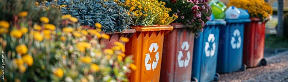 There are three trash bins with flowers growing out of them. The ...