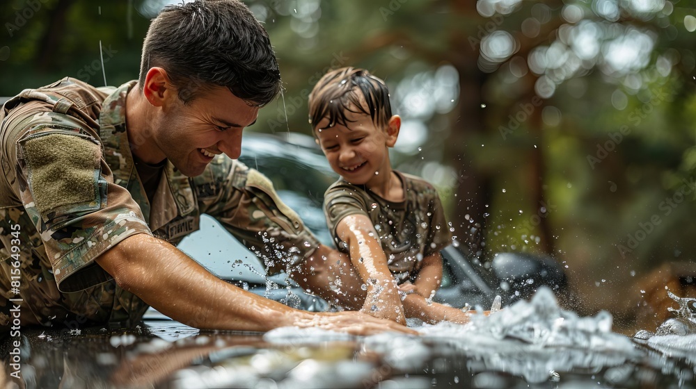 Soldier father and son washing a car together during a summer visit ...