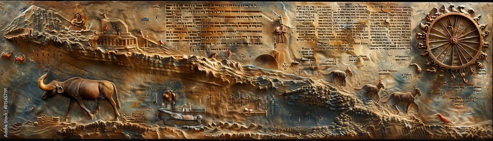 A detailed illustration of Sumerian innovations, including the wheel ...