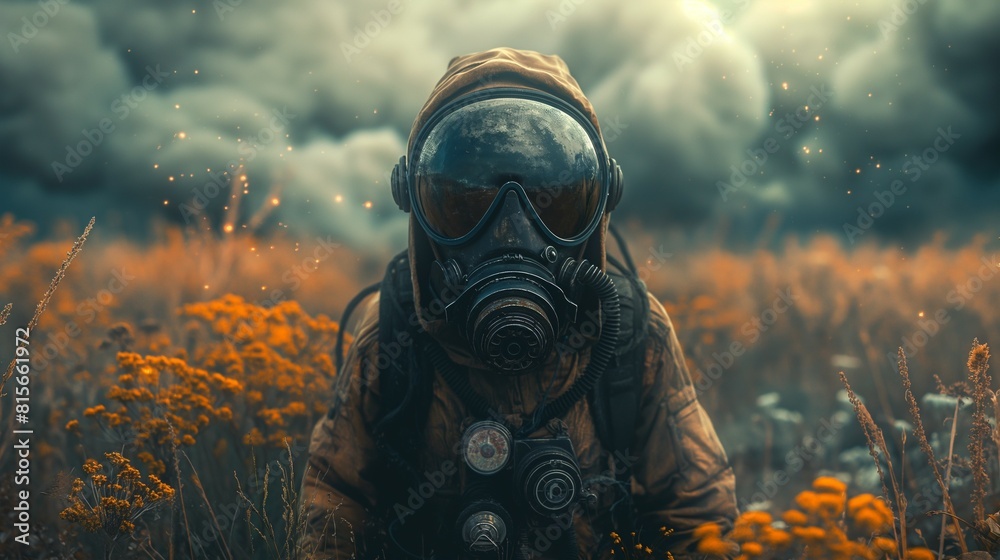 retro futuristic sci-fi astronaut character in a gas mask standing in ...