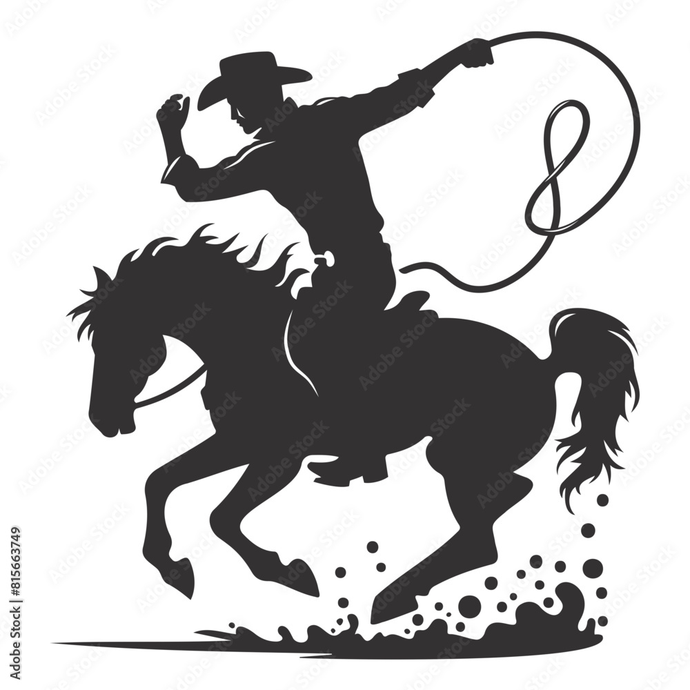 Dynamic silhouette of a cowboy on horseback, swinging a lasso. Perfect ...