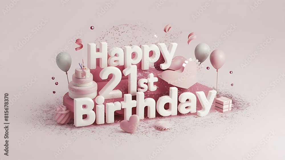Minimalist 3D Happy 21st Birthday Background With Balloons , Hearts ...