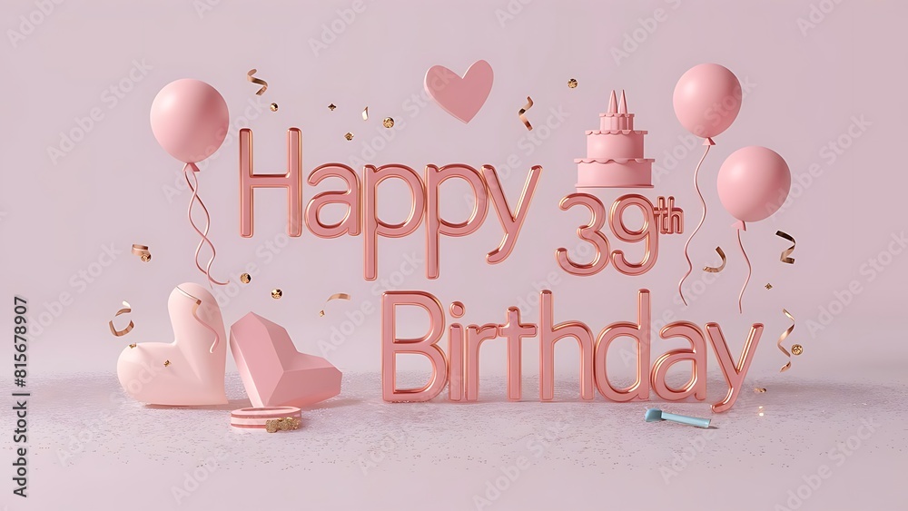 Minimalist 3D Happy 39th Birthday Background With Balloons , Hearts ...
