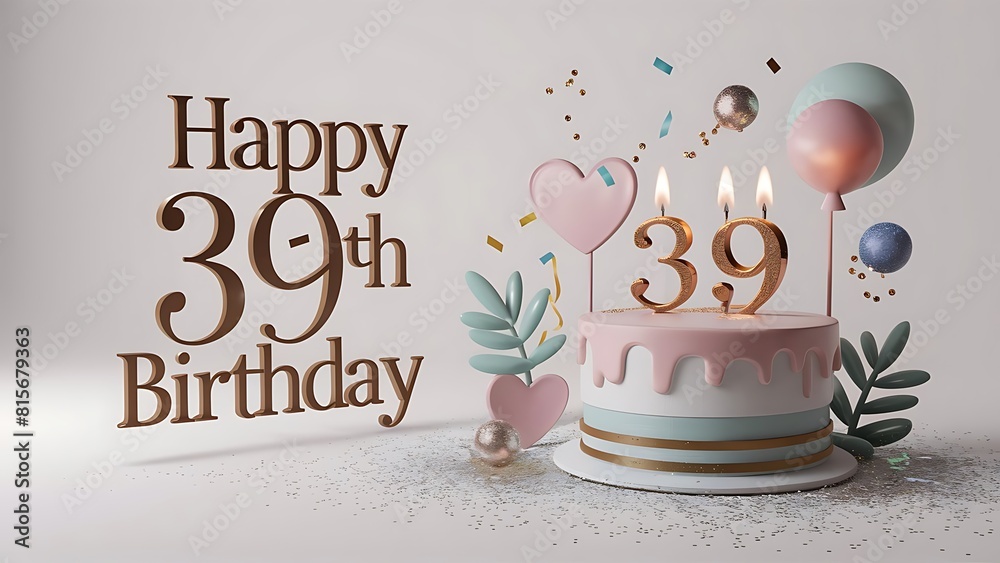 Minimalist 3D Happy 39th Birthday Background With Balloons , Hearts ...