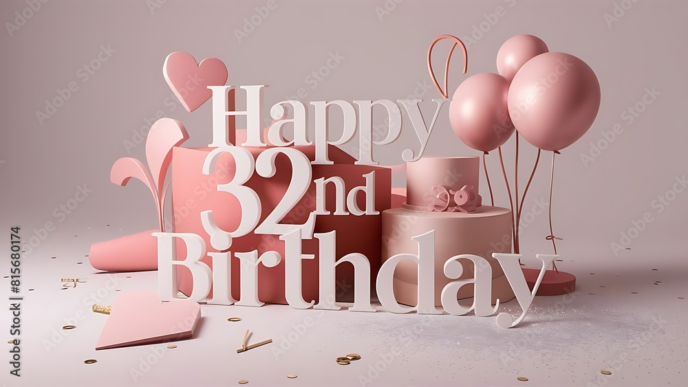 Minimalist 3D Happy 32nd Birthday Background With Balloons , Hearts ...