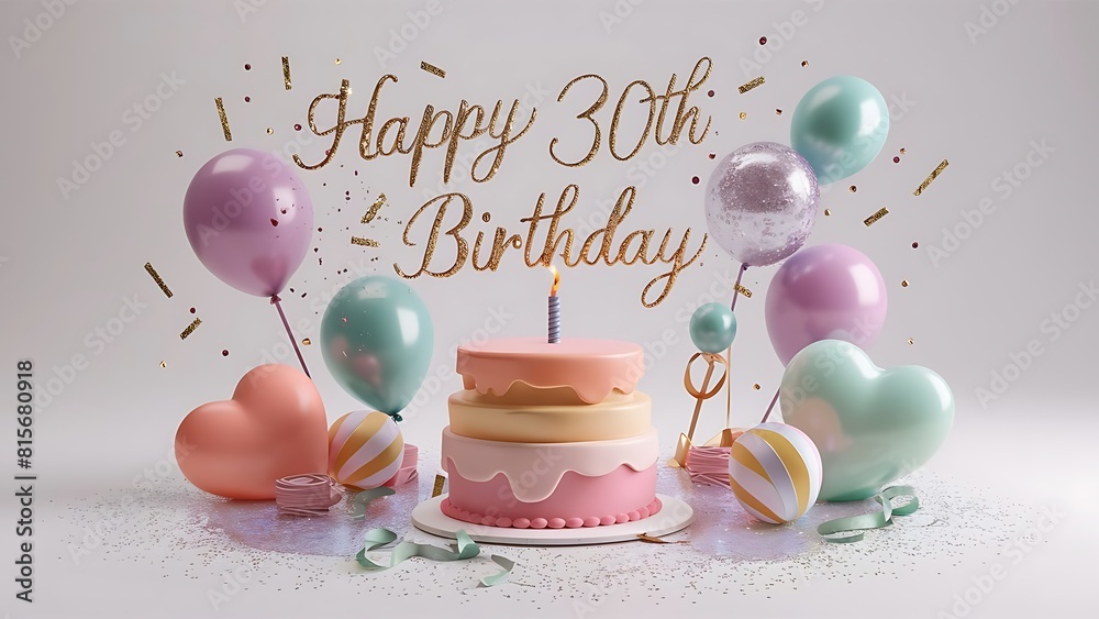 Minimalist 3D Happy 30th Birthday Background With Balloons , Hearts ...