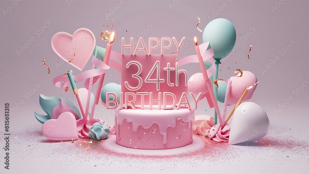 Minimalist 3D Happy 34th Birthday Background With Balloons , Hearts ...