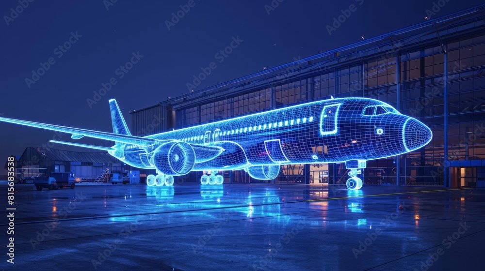 Digital aviation scene with an airplane and hangar illustrated using ...