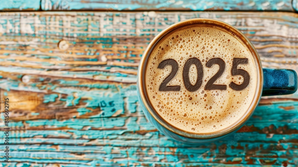 Hello 2025 theme white coffee cups with number 2025 over frothy surface ...