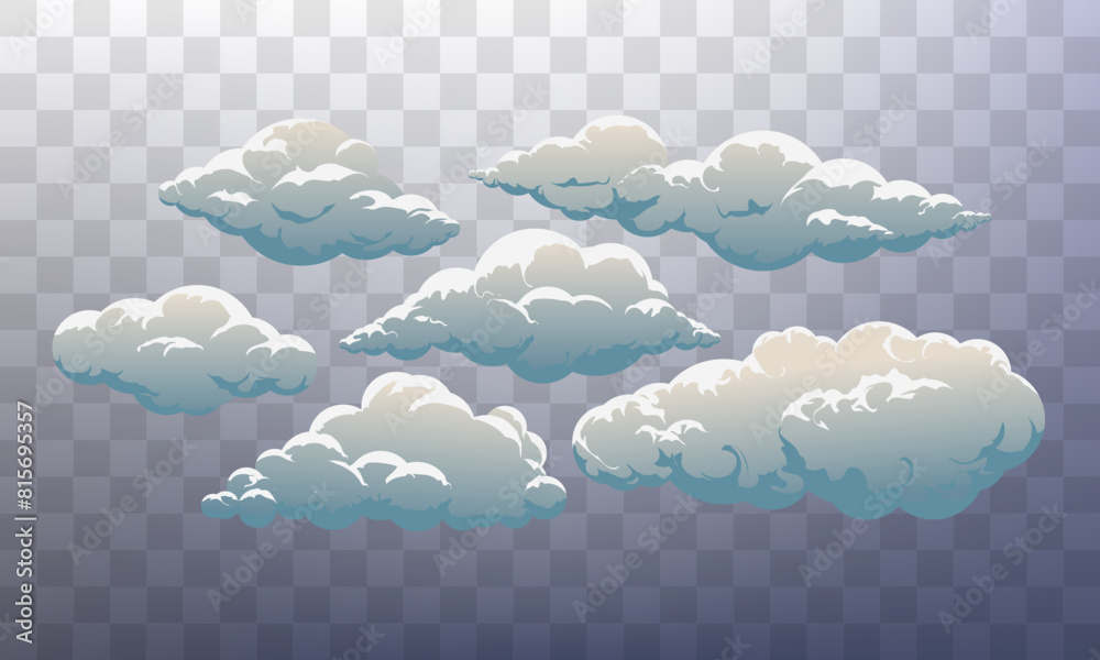3D realistic clouds with light and shadow. A set of six cartoon clouds ...