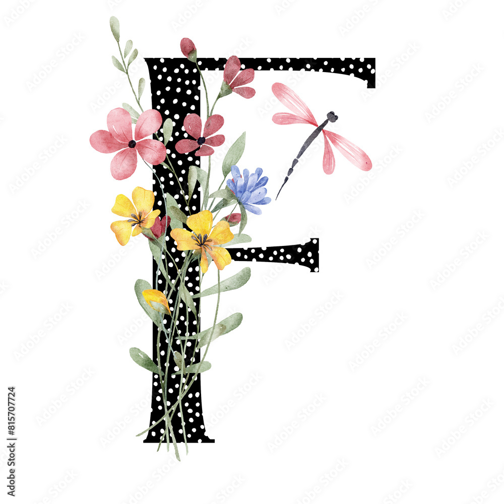 Letter F, floral monogram with watercolor wild flowers and leaf ...