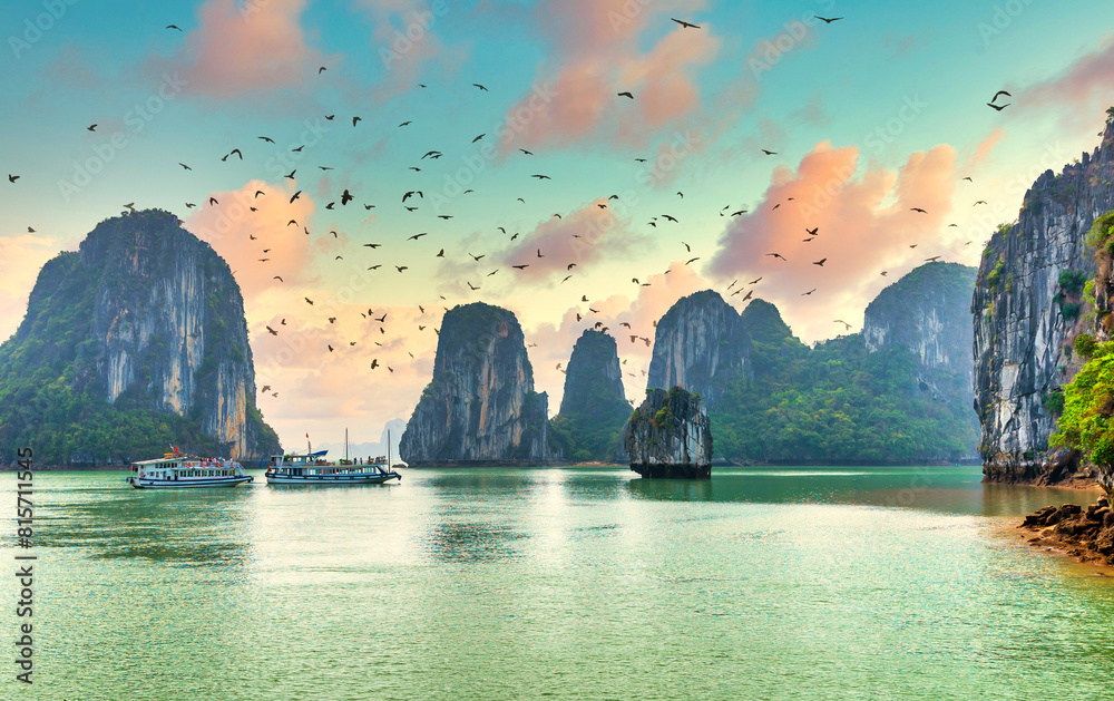 Dreamy Sunset Landscape Halong Bay Vietnam View From Adove This Is