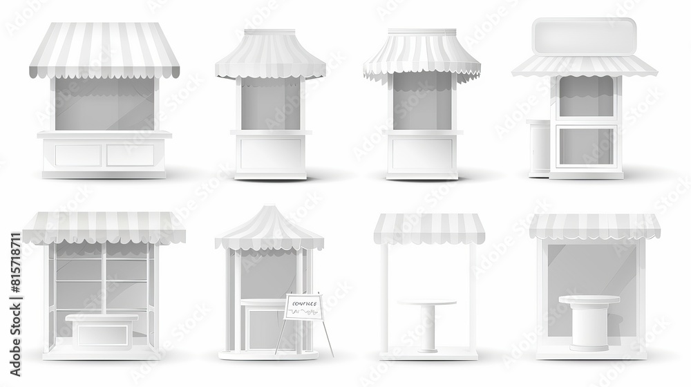 Various shape advertising stalls and promo booths. Realistic modern illustration set of white ...