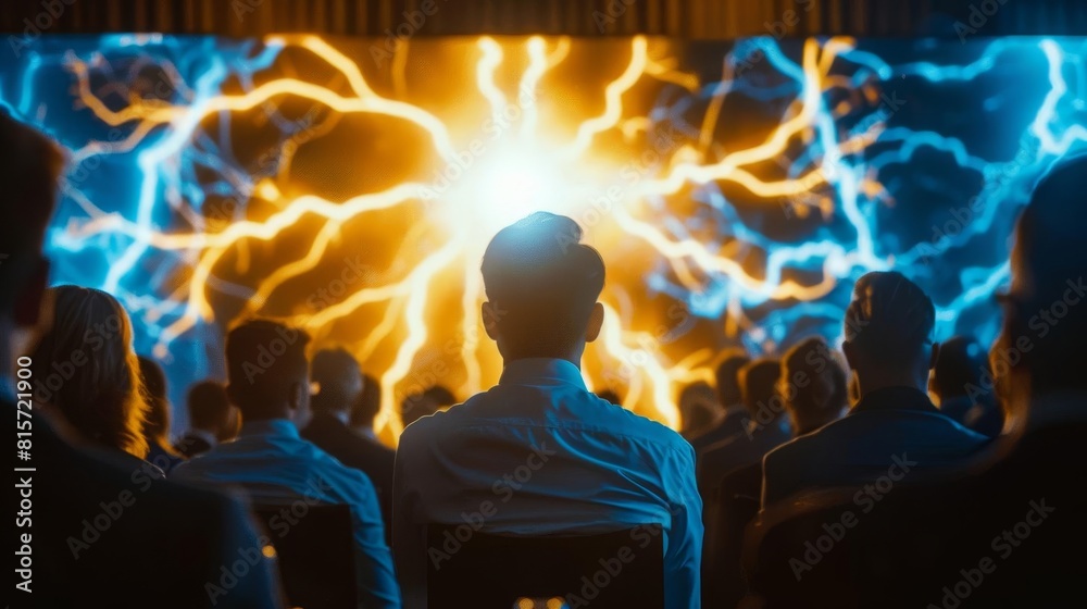 A professional presentation at a financial seminar with a backdrop of ...