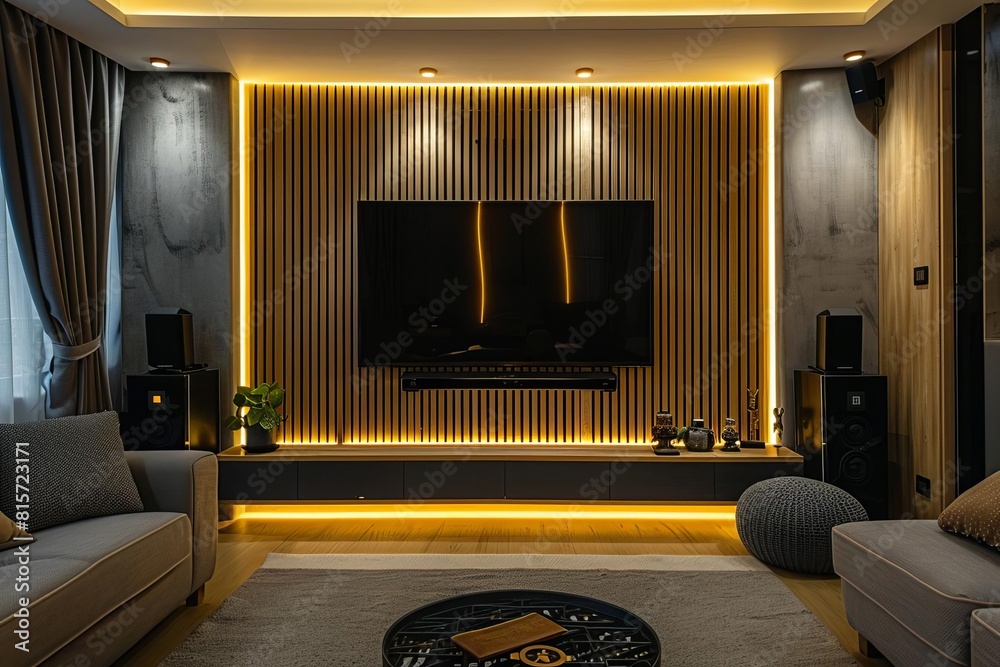 Design a modern living room with wood slat wall and hidden led lighting ...