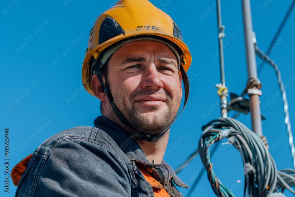 Experienced electrician in safety helmet working diligently on wiring ...