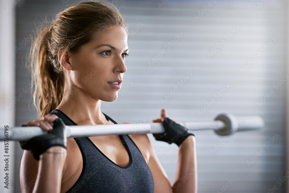 Fitness, health and woman training with barbell for weight lifting ...