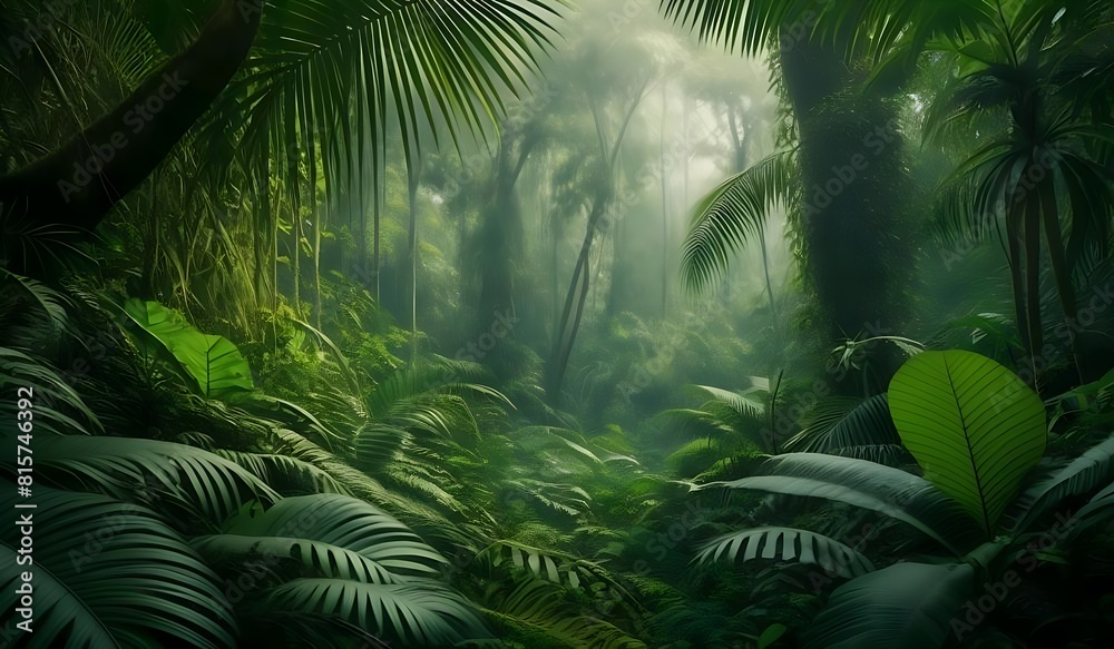 Nature background a lush, dense tropical rainforest with towering trees ...