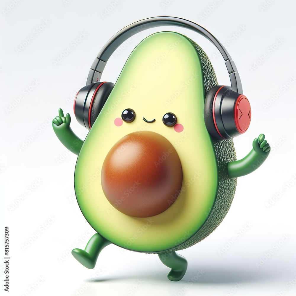 cute funny cartoon avocado with small wireless headphone on head ...
