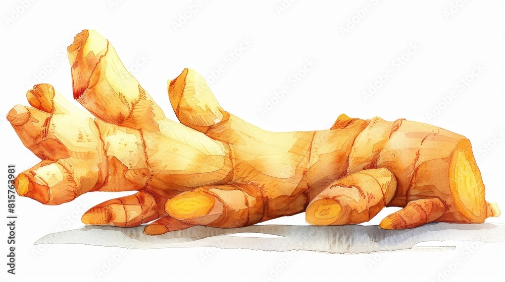 Watercolor painting of fresh ginger root, textured and natural, on a ...
