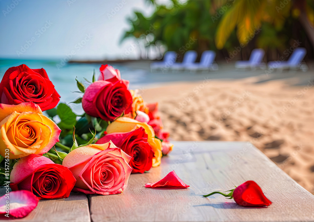 Red rose on the sandy beach. rose arrangement on the seaside, sunny ...