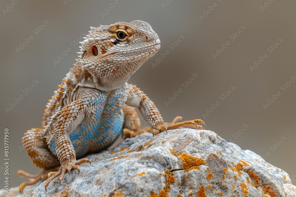 Western Fence Lizard: Basking on a rock with textured skin and blue ...