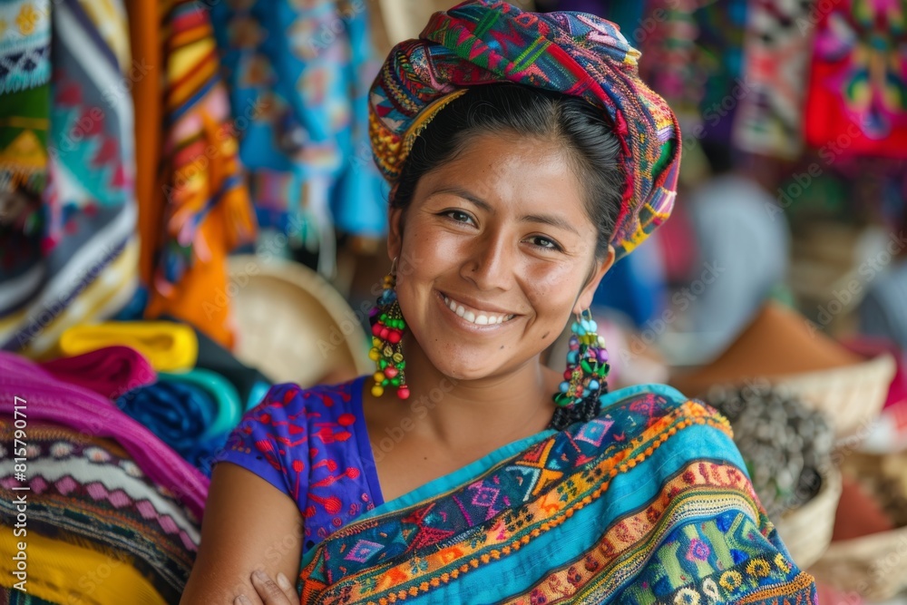 Guatemalan Woman In Traditional Dress Smiling In A Colorful Textile