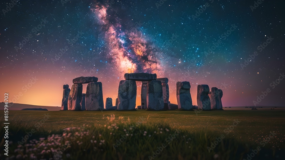 Majestic stonehenge under starry night sky with milky way galaxy, historical landmark panorama ...