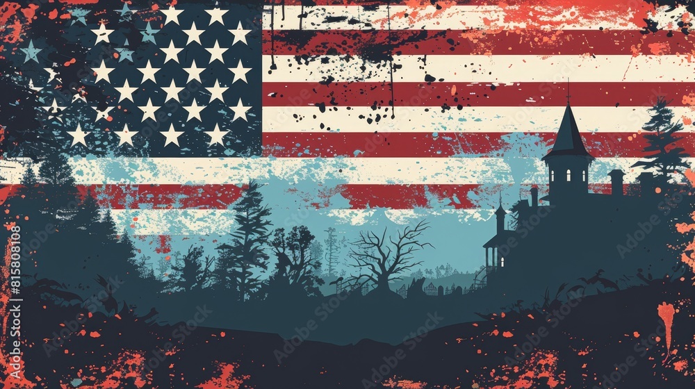Gothic Mansion Silhouette Against Vintage American Flag Background ...