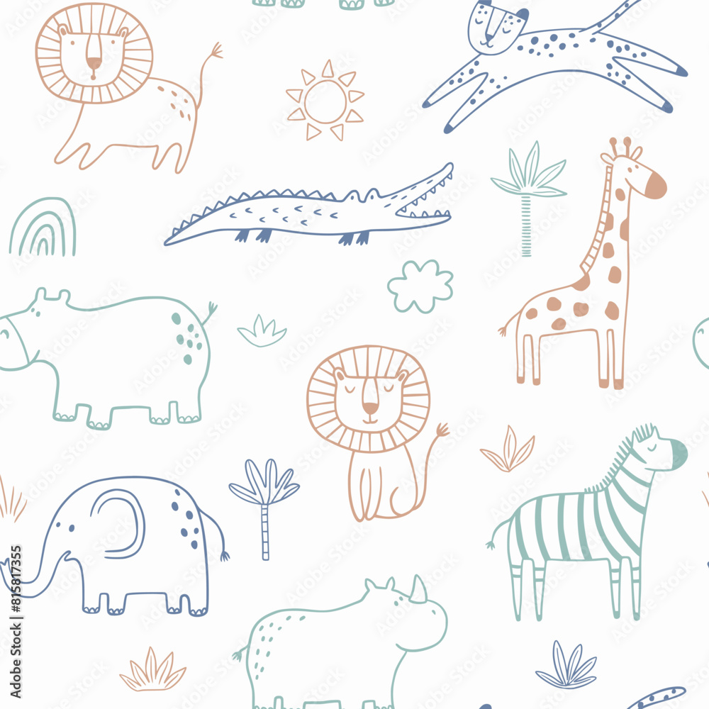 Vector seamless pattern with cartoon safari jungle animals zebra, lion ...