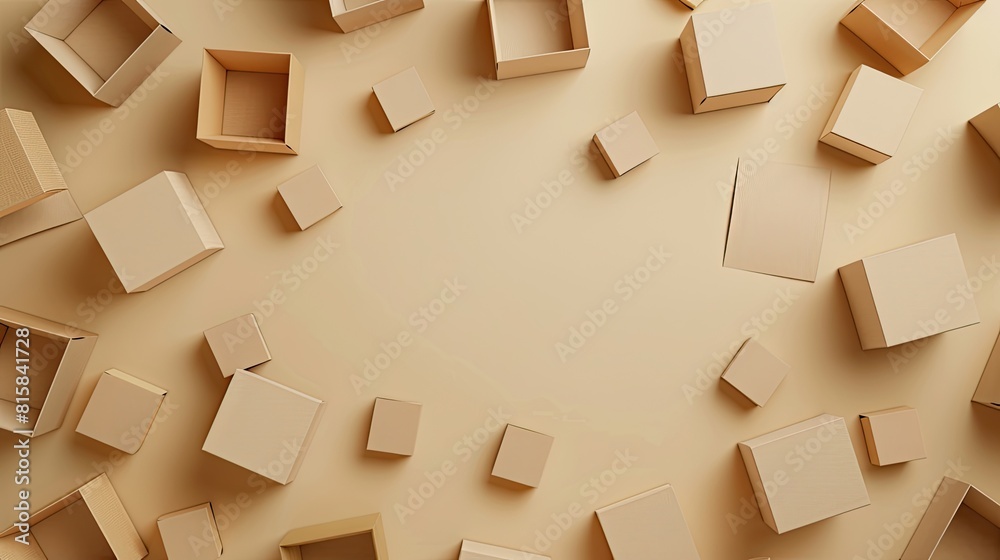 scattered brown cardboard boxes against a beige background, leaving ...