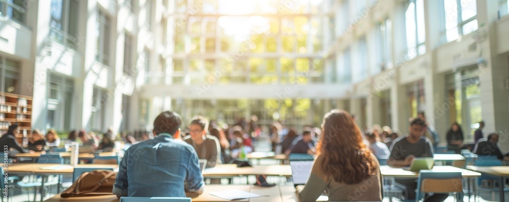 College students studying in a modern library, defocused background ...