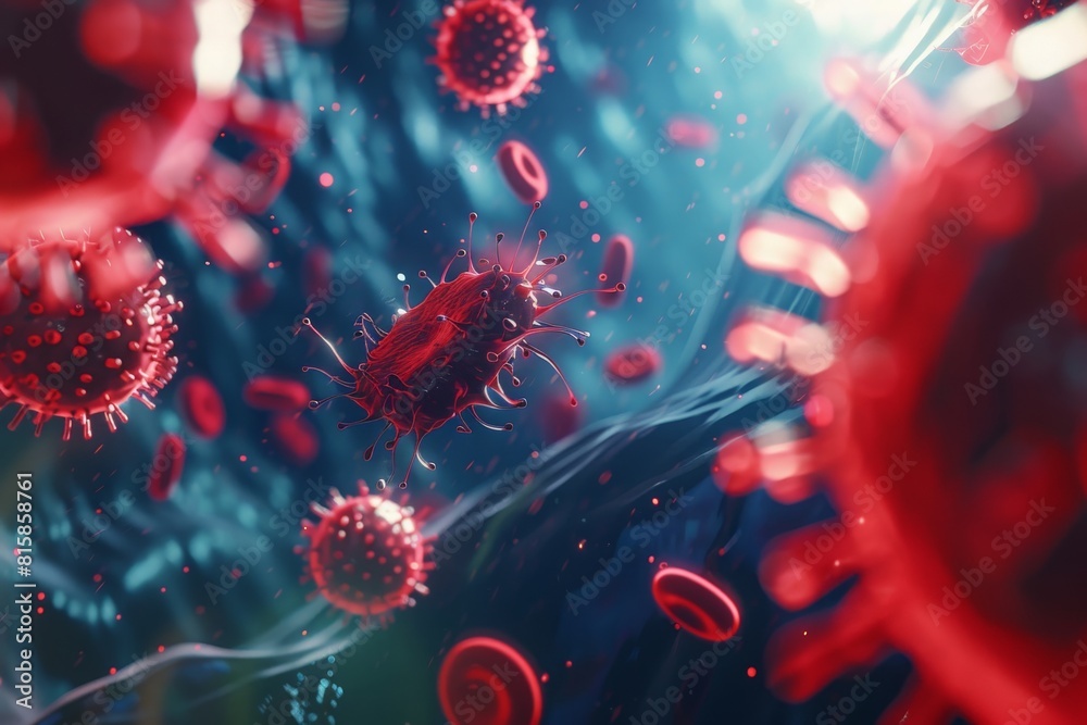 Body health science bacteria, virus and Red infecting blood cells in ...
